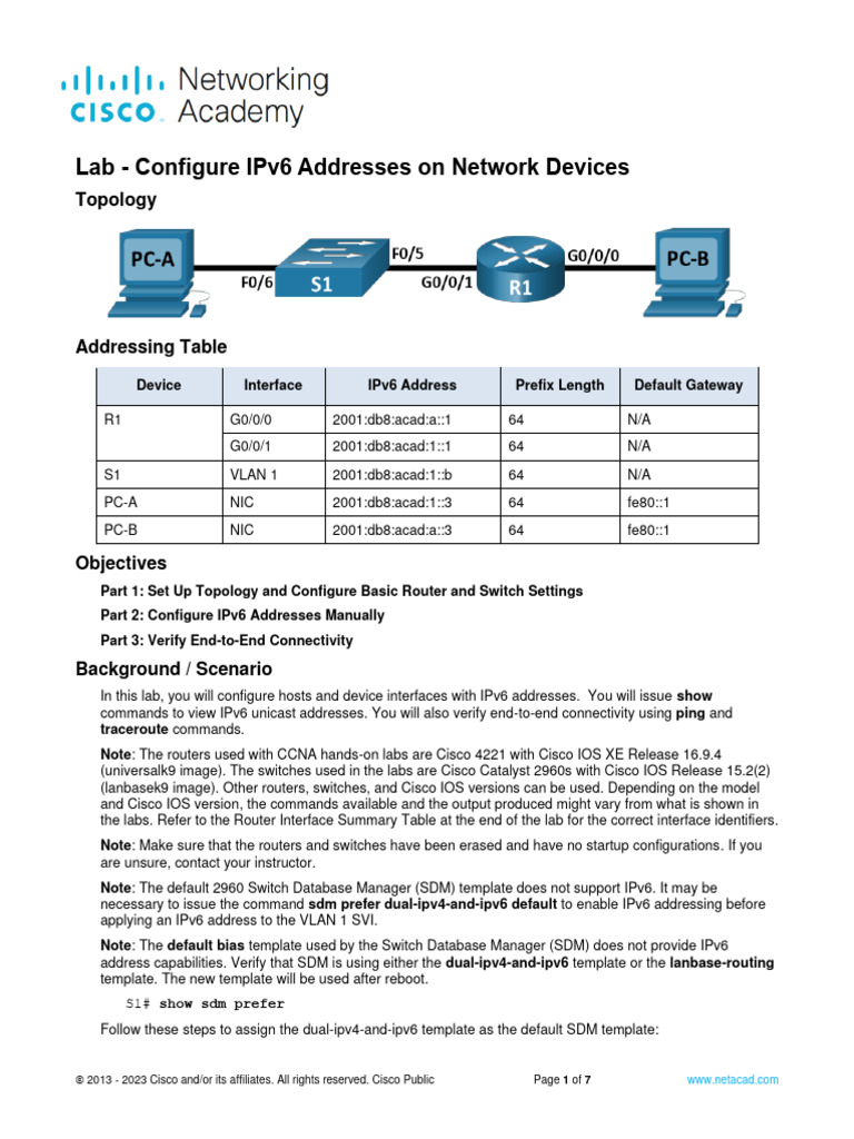 12.9.2 Lab - Configure IPv6 Addresses On Network Devices | PDF
