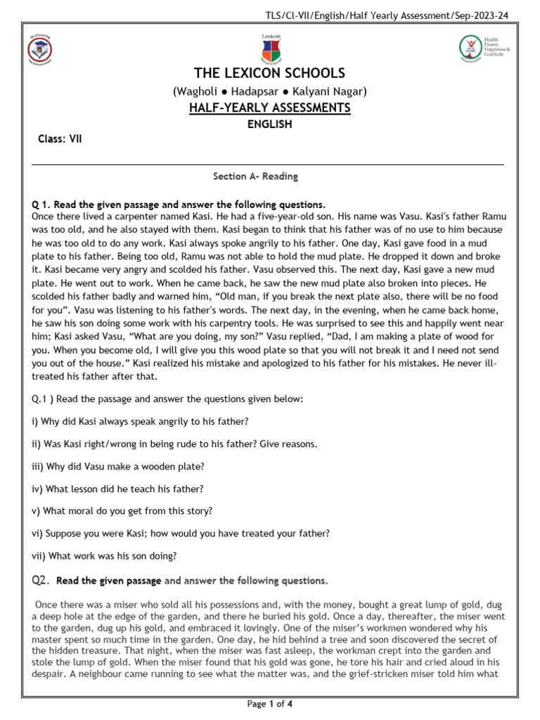 Tls Eng Cl-Vii Hy Worksheet Sept-2023 | PDF