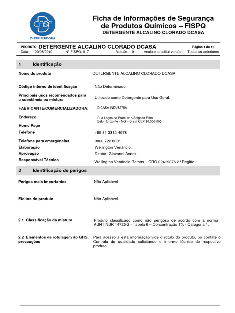 FISPQ: Detergente Alcalino Clorado DCasa | PDF | Primeiros socorros ...