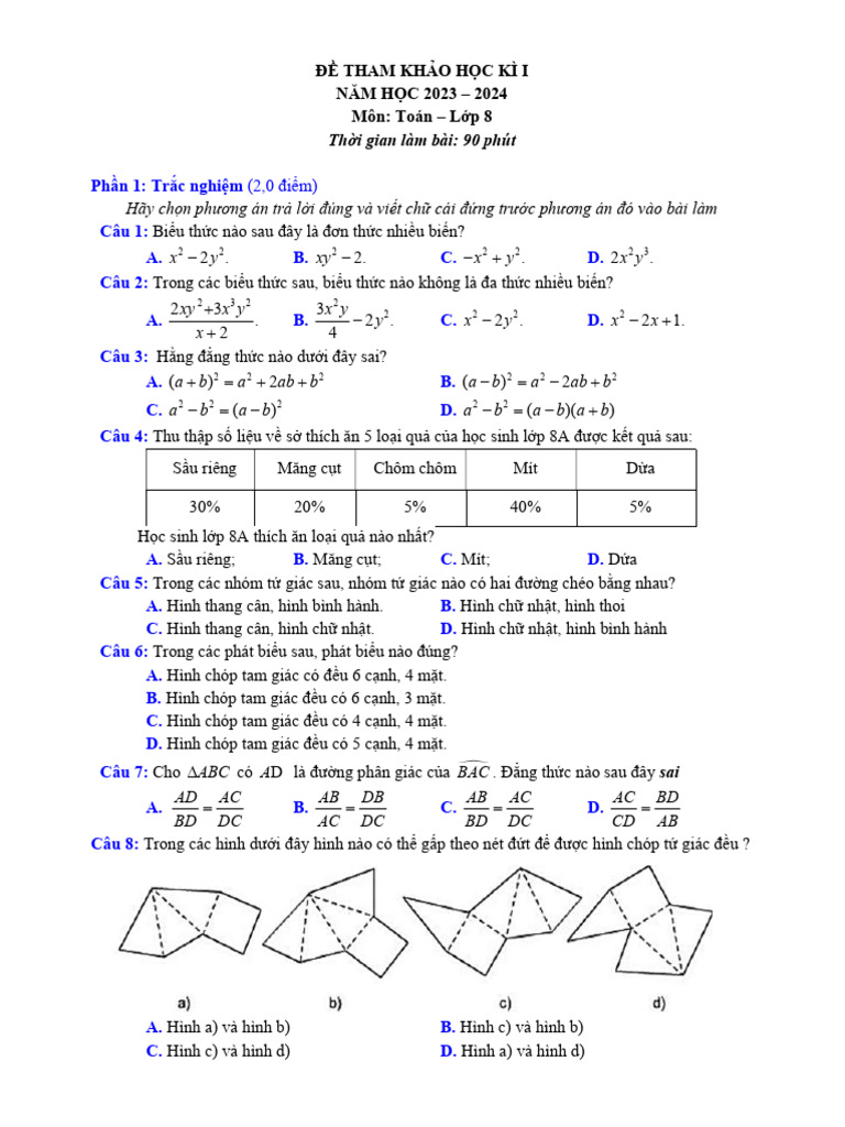 Đề Tham Khảo Toán 8 Hk i | PDF
