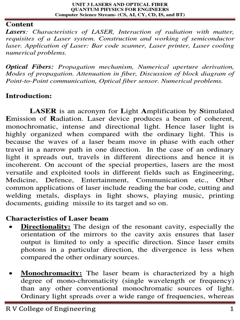 Unit 3 Lasers & Optical Fibers - 22PHY22C | PDF | Laser | Laser Diode