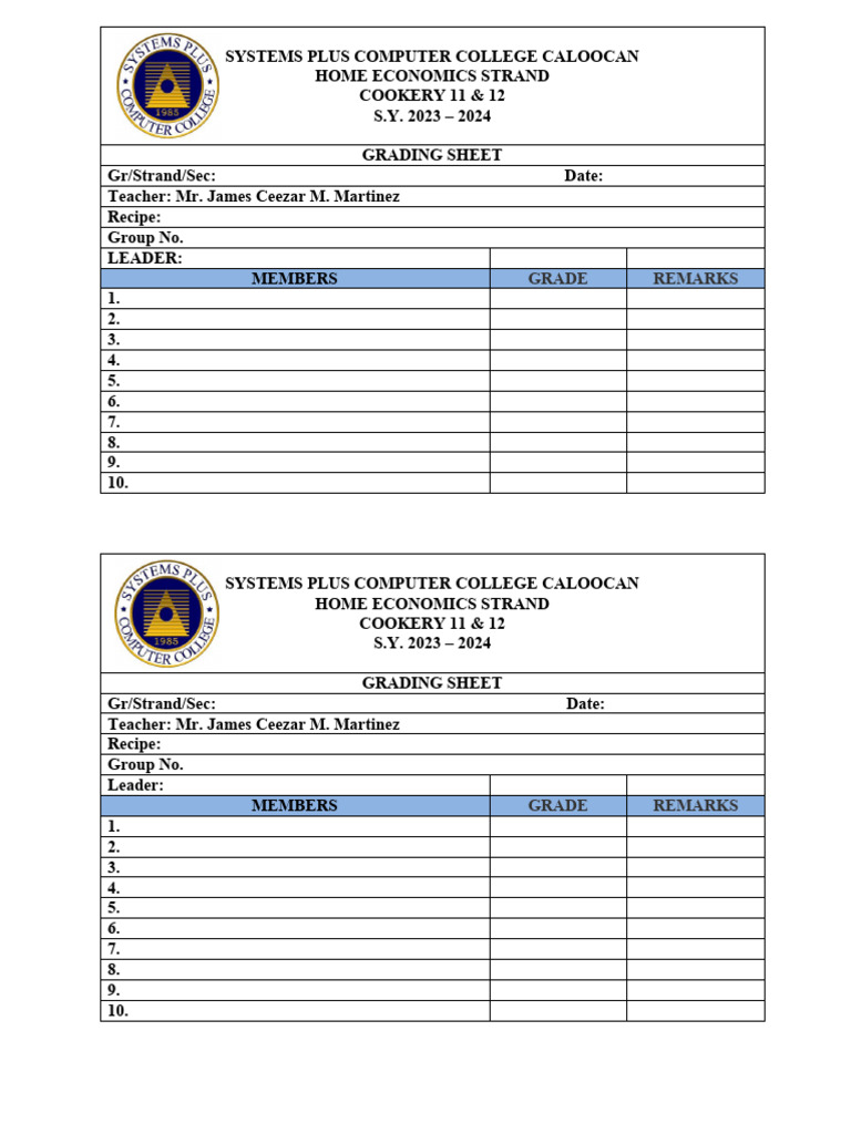 Cookery Grading Sheet 2023-2024 | PDF