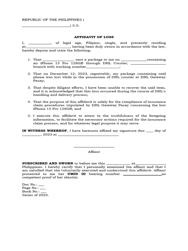 Affidavit of Loss - Package - Insurance Purpose | PDF