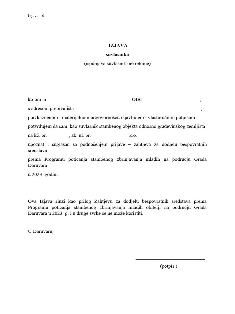 IZJAVA - 6, Izjava Suvlasnika | PDF