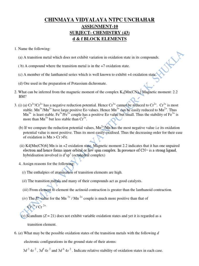 ASSIGNMENT D & F Block Element | PDF | Transition Metals | Manganese