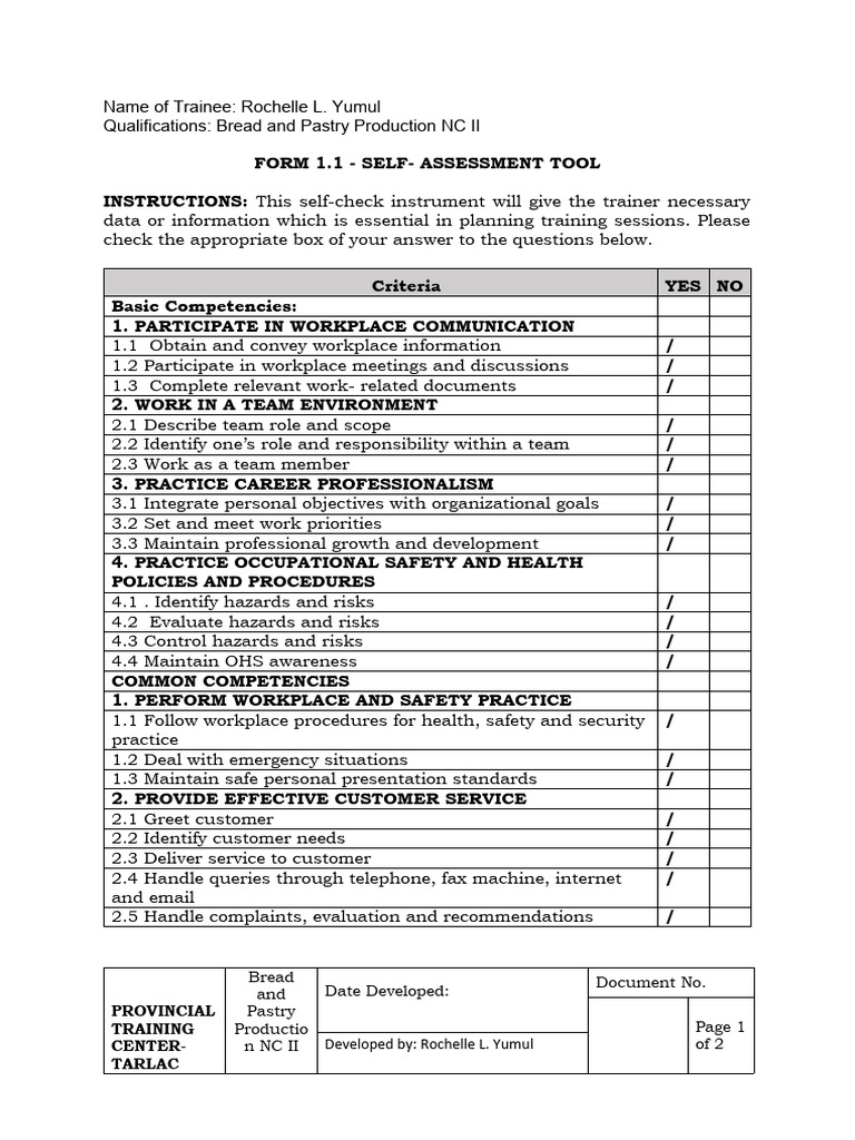 FORM 1.1 Self Asessment Checklist | PDF | Cakes | Risk