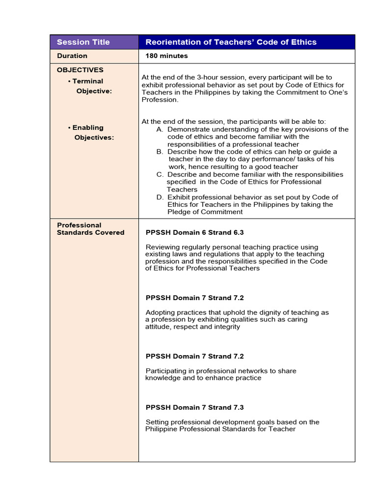 Session Guide Reorientation of Teachers Code of Ethics | PDF | Teachers ...
