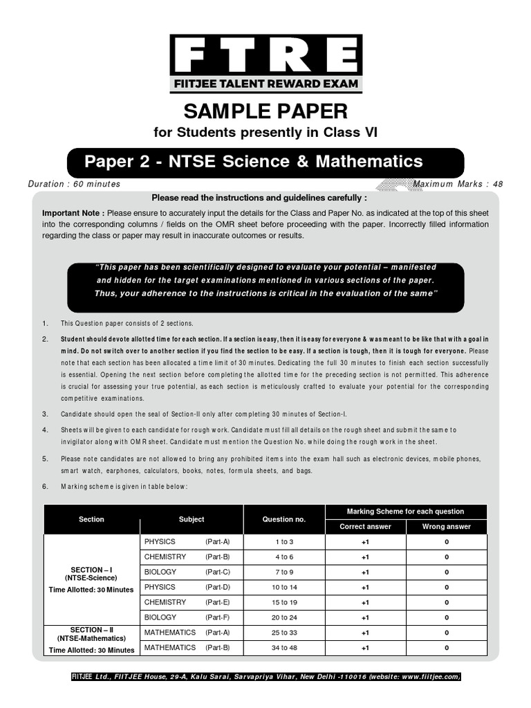 Ftre-2023-Sample Paper-Class-Vi-P2-Ntse | PDF | Division (Mathematics ...