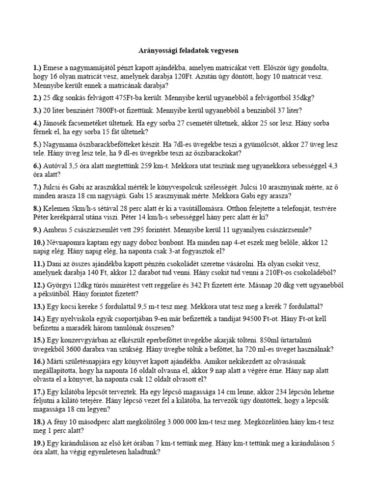 Arányossági Feladatok Vegyesen | PDF