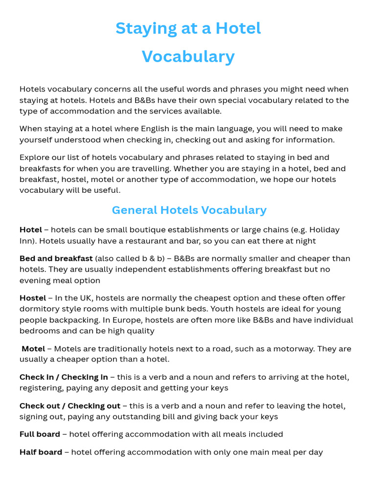 Hotel Vocabulary | PDF | Hotel | Hostel