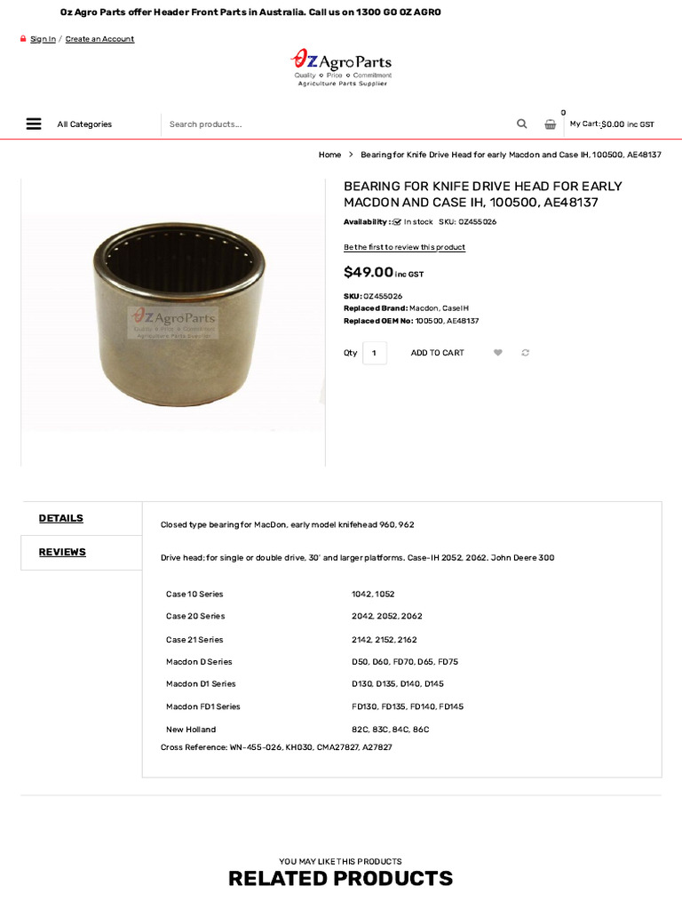 Knife Drive Head Bearing for Macdon & Case IH | PDF