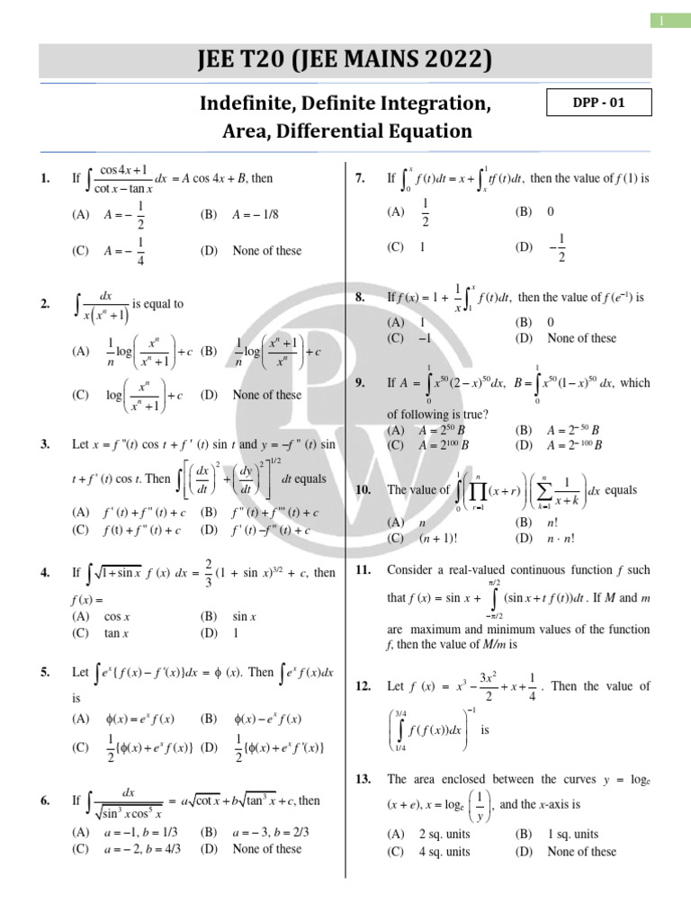 Definite and Indefinite Integrals - Area Under The Curve - Differential Equations - DPP 01 | PDF