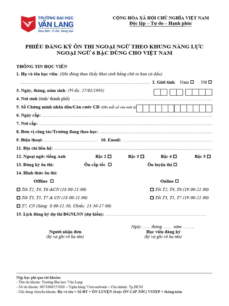 DH Van Lang - Phieu Dang Ky On Thi VSTEP.T7.2021 | PDF
