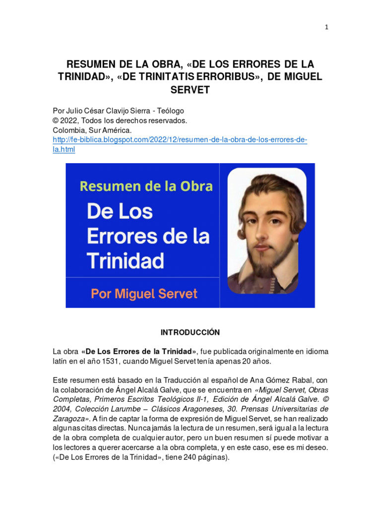Resumen de Los Errores de La Trinidad de Trinitatis Erroribus de Miguel ...