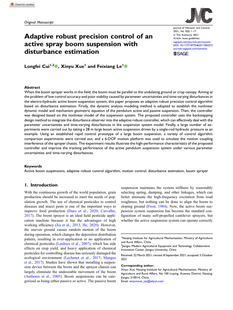 Adaptive Robust Precision Control of An Active Spray Boom Suspension ...