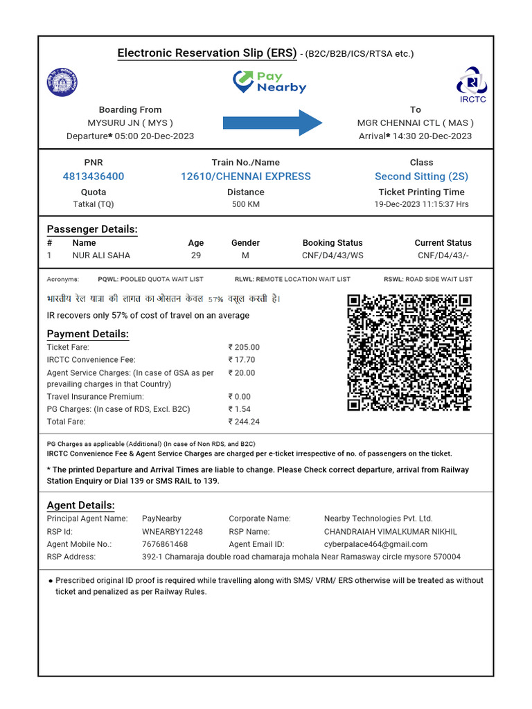 Electronic Reservation Slip (ERS) : 4813436400 12610/chennai Express ...