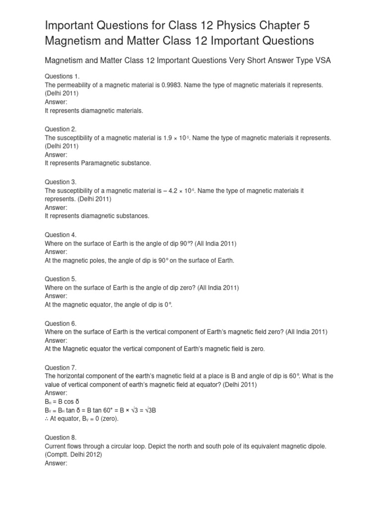 Important Questions for Class 12 Physics Chapter 5 Magnetism and Matter ...