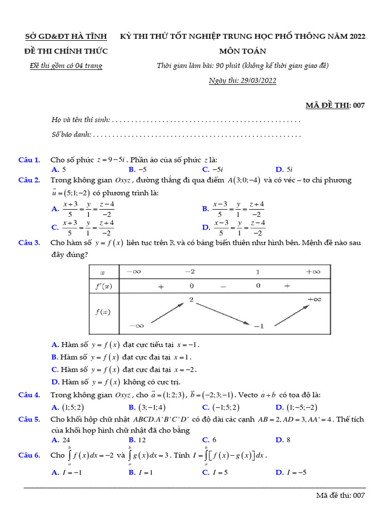 De Thi Thu Tot Nghiep THPT Nam 2022 Mon Toan So GDDT Ha Tinh | PDF
