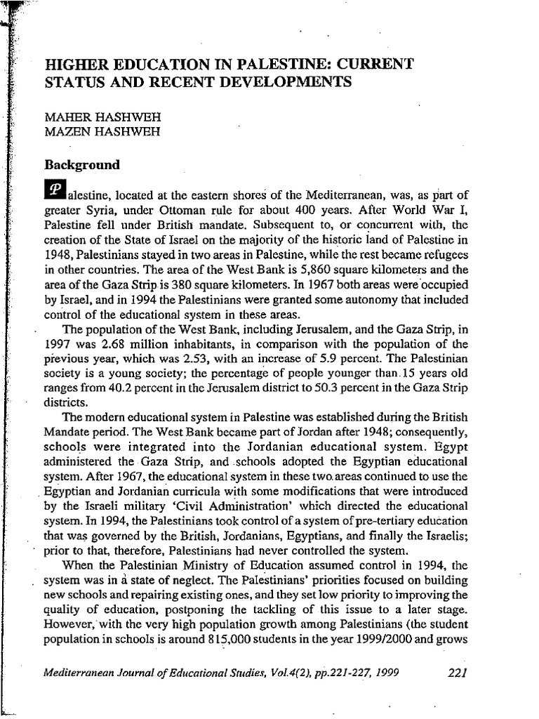 Higher Education In Palestine Current Status And Recent Developments