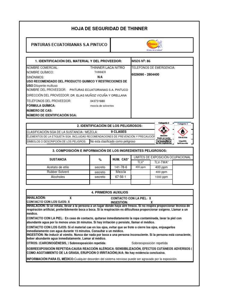 Ficha Seguridad Thinner | PDF | Agua | Química
