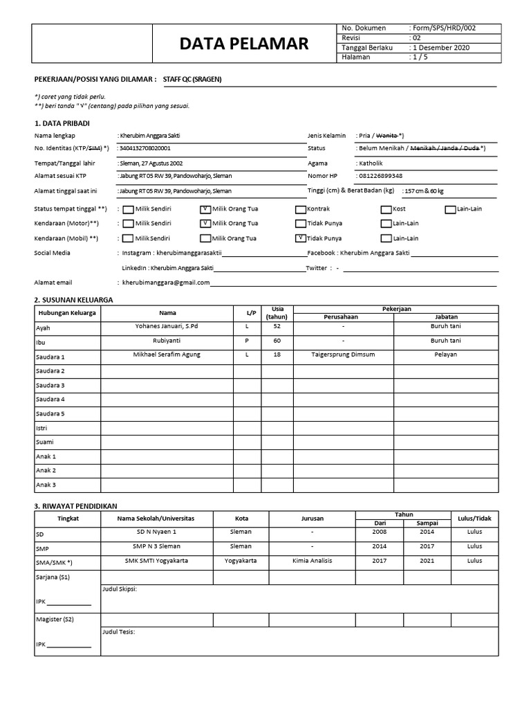 FORM-SPS-HRD-002-02 Data Pelamar | PDF