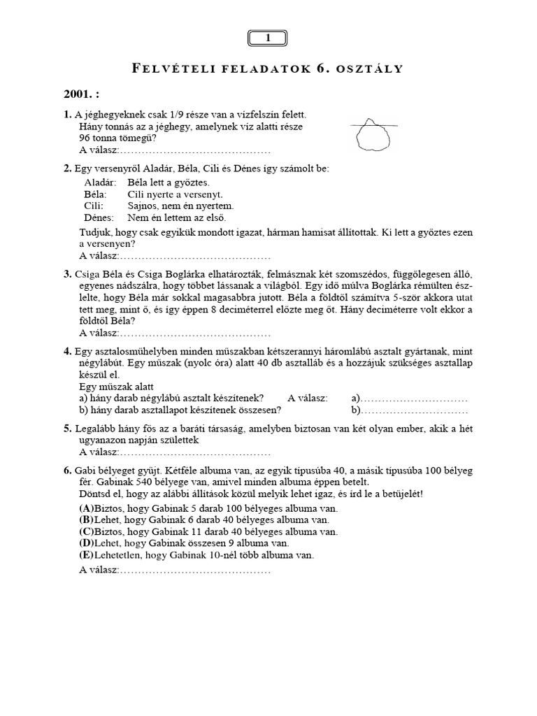 Matematika Felvételi Feladatsorok - 6. Osztály | PDF