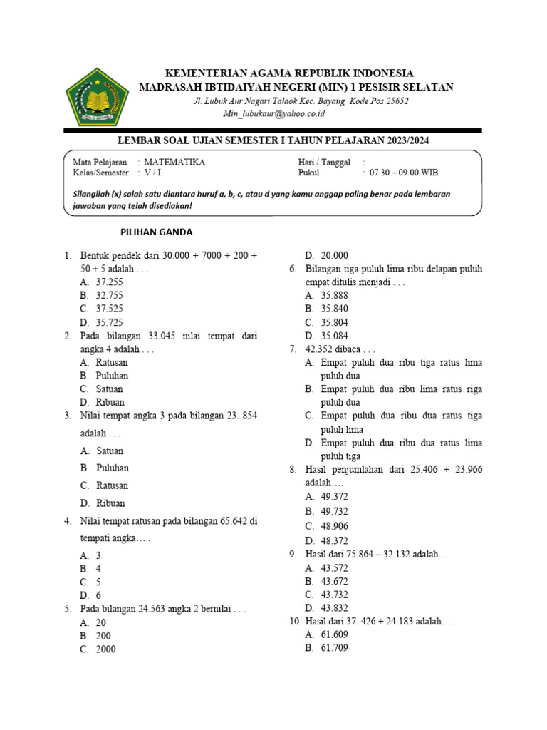 UAS MTK Kelas 5 | PDF