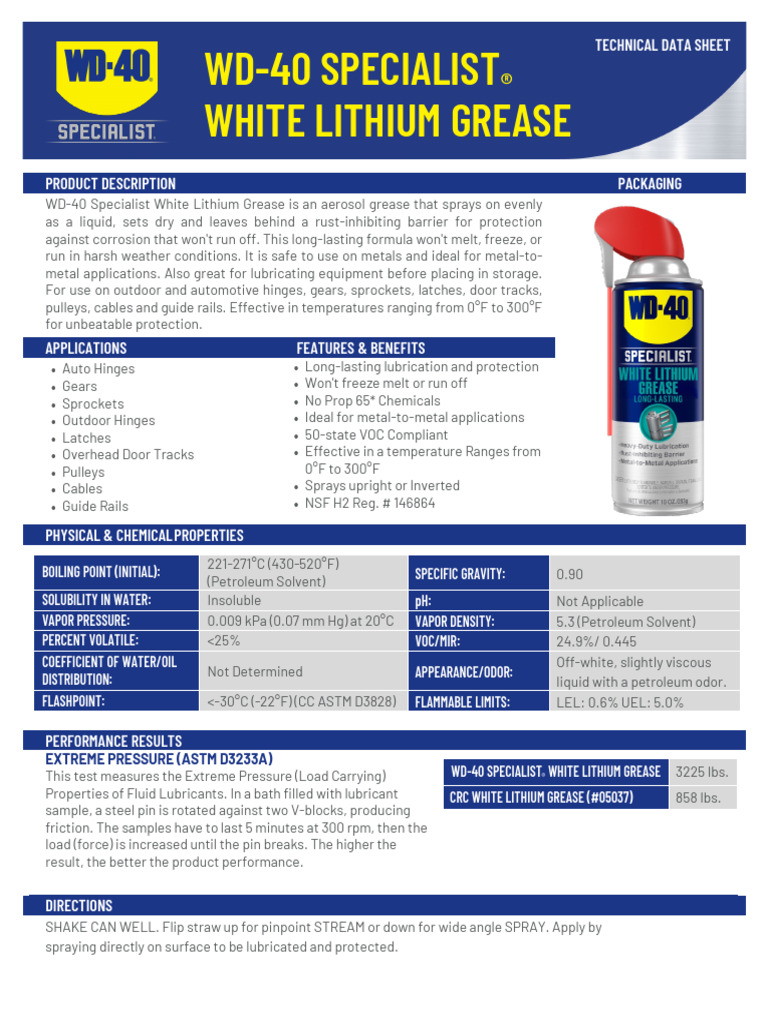 WD 40 Specialist White Lithium Grease Tds Sheet | PDF | Solubility ...