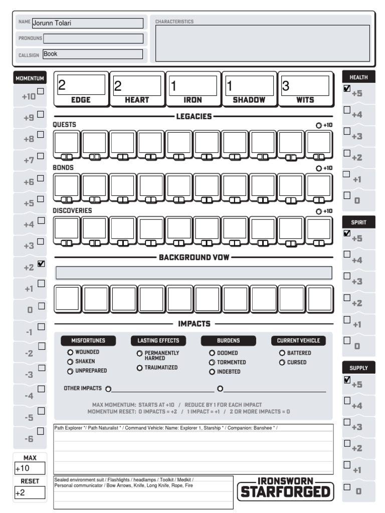 Starforged Character Sheet Full Form Fillable | PDF