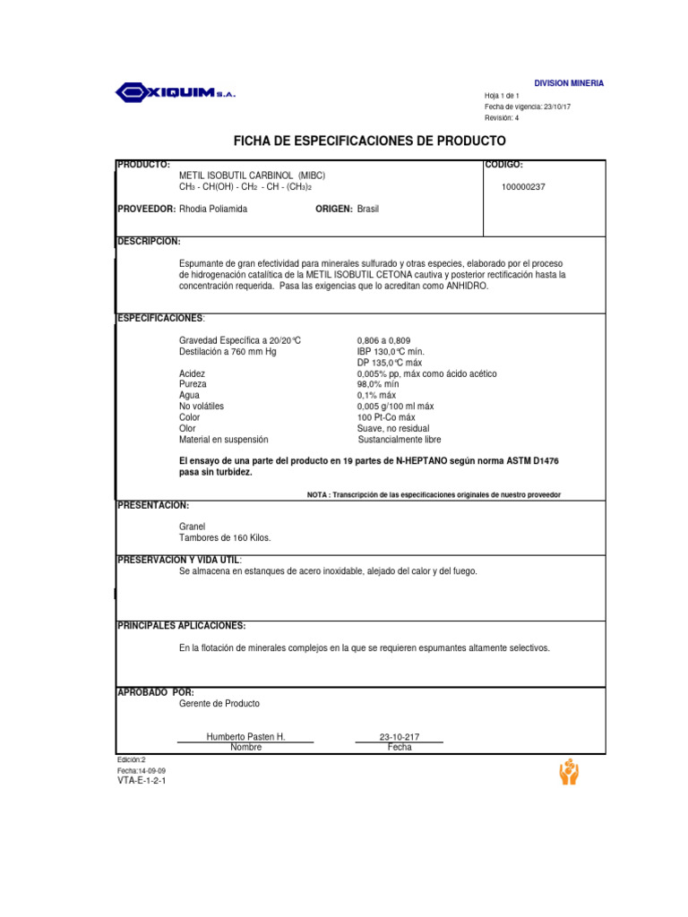 Ficha Técnica Metil Isobutil Carbinol (Methyl Isobutyl Ketone ...