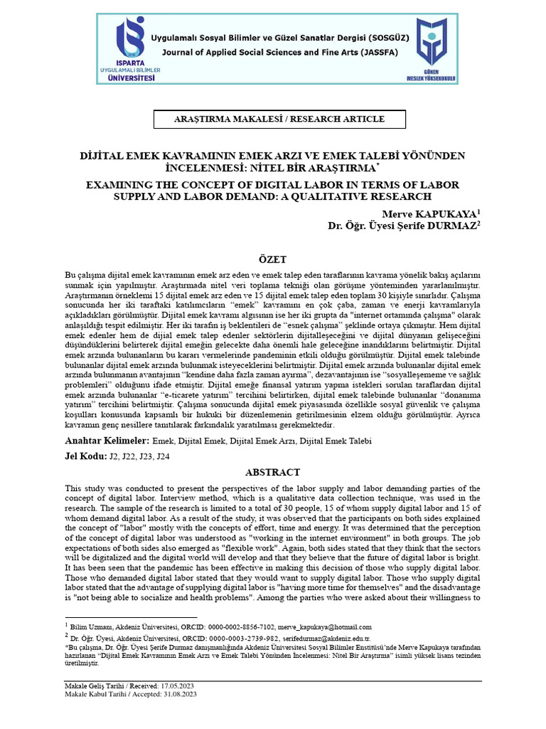 D J Tal Emek Kavraminin Emek Arzi Ve Emek Taleb y N Nden Ncelenmes N ...