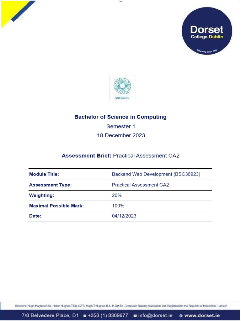 Backend - Development BSC20923 - Practical Assessment CA2 - Assessment Brief | PDF