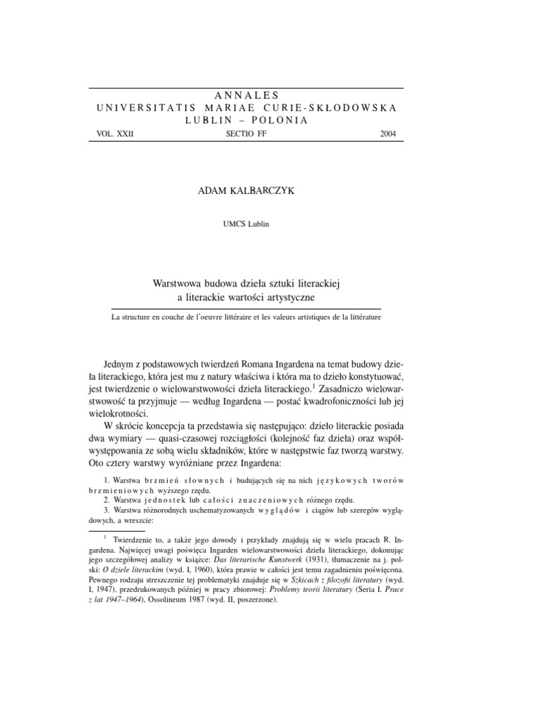 Adam Kalbarczyk - Warstwowa Budowa Dzieła Sztuki Literackiej | PDF
