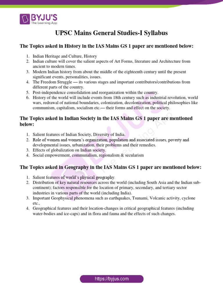 UPSC Mains GS 1 Syllabus | PDF UPSC Mains GS 1 Syllabus | PDF