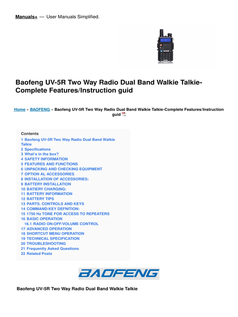 Baofeng Uv 5r Two Way Radio Dual Band Walkie Talkie Complete Features Instruction Guid | PDF