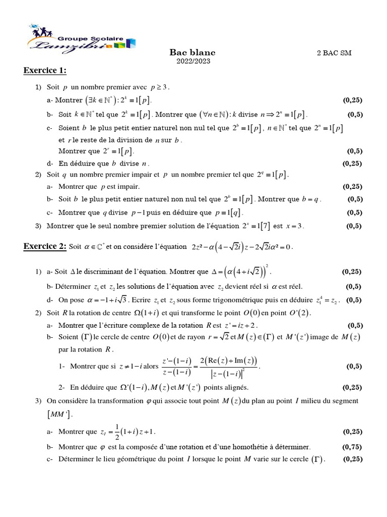 Examen blanc math 2 Bac PC 2023 | PDF | Tangente (géométrie) | Concepts ...