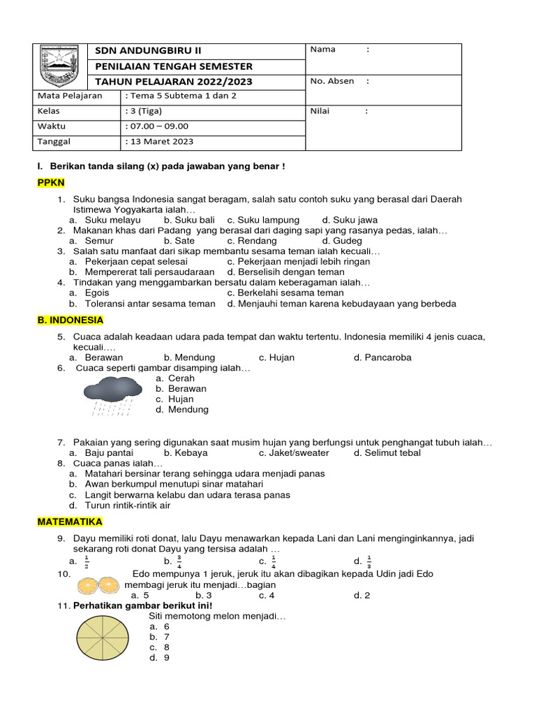 Soal PTS Kelas 3 Tema 5 Sub 1 Dan 2 Hari Ke-1 - Websiteedukasi | PDF