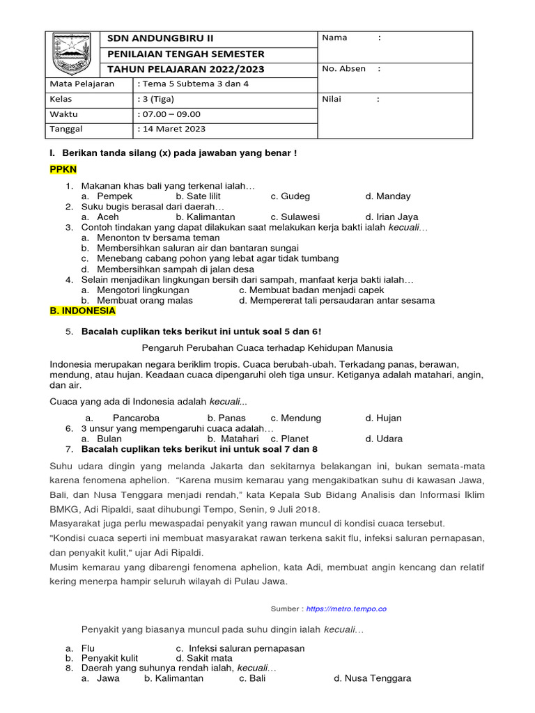 Soal PTS Kelas 3 Tema 5 Sub 3 Dan 4 Hari Ke-2 - Websiteedukasi | PDF