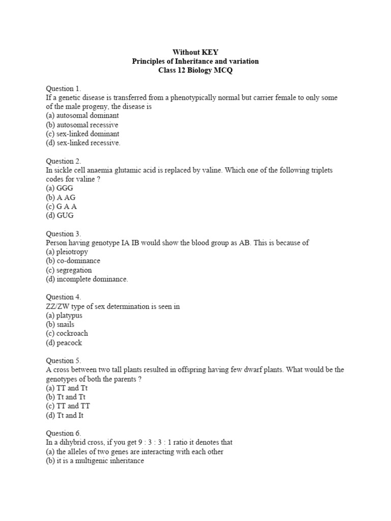 12-Principles of Inher & variation-MCQ | PDF | Dominance (Genetics) | Genotype