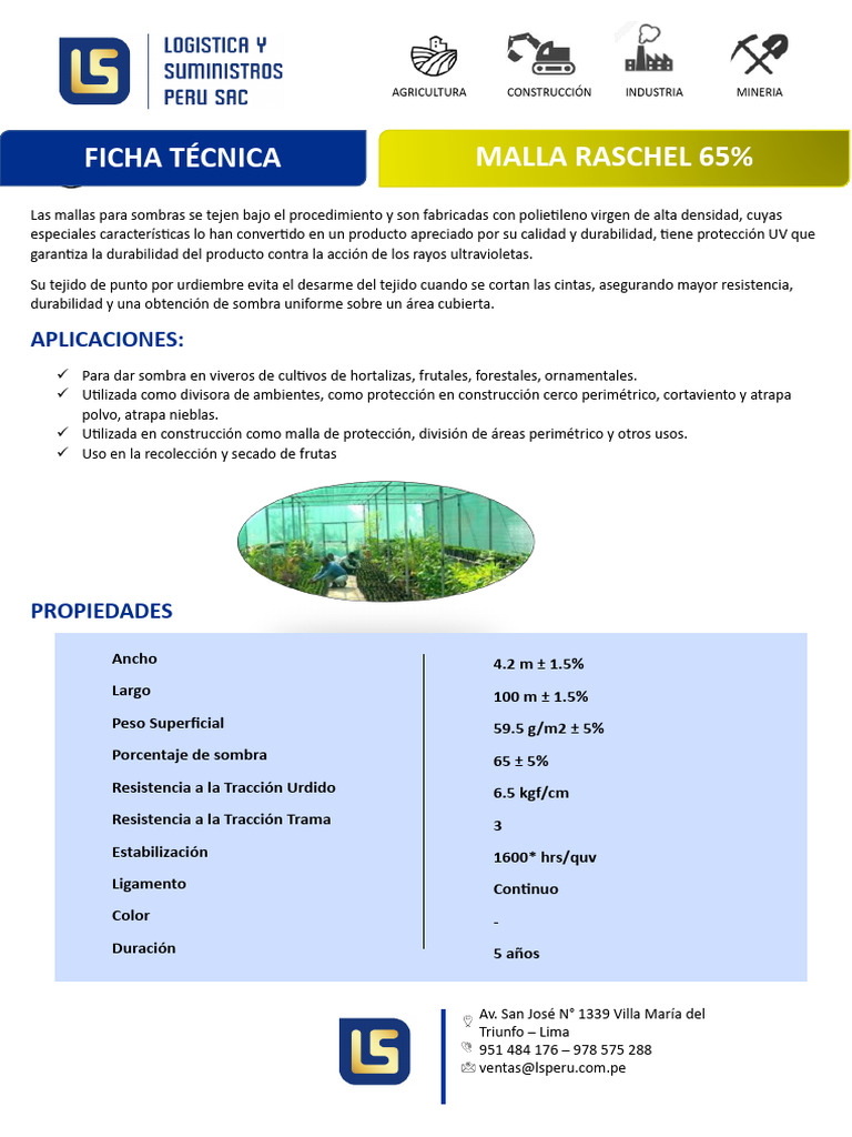 Ficha Tecnica Malla Raschel LS 65% | PDF