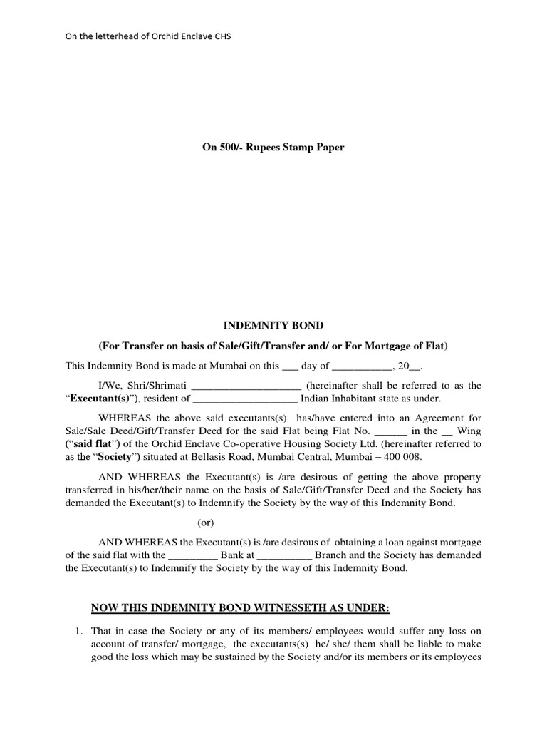 Indemnity Bond for Property Transfer | PDF