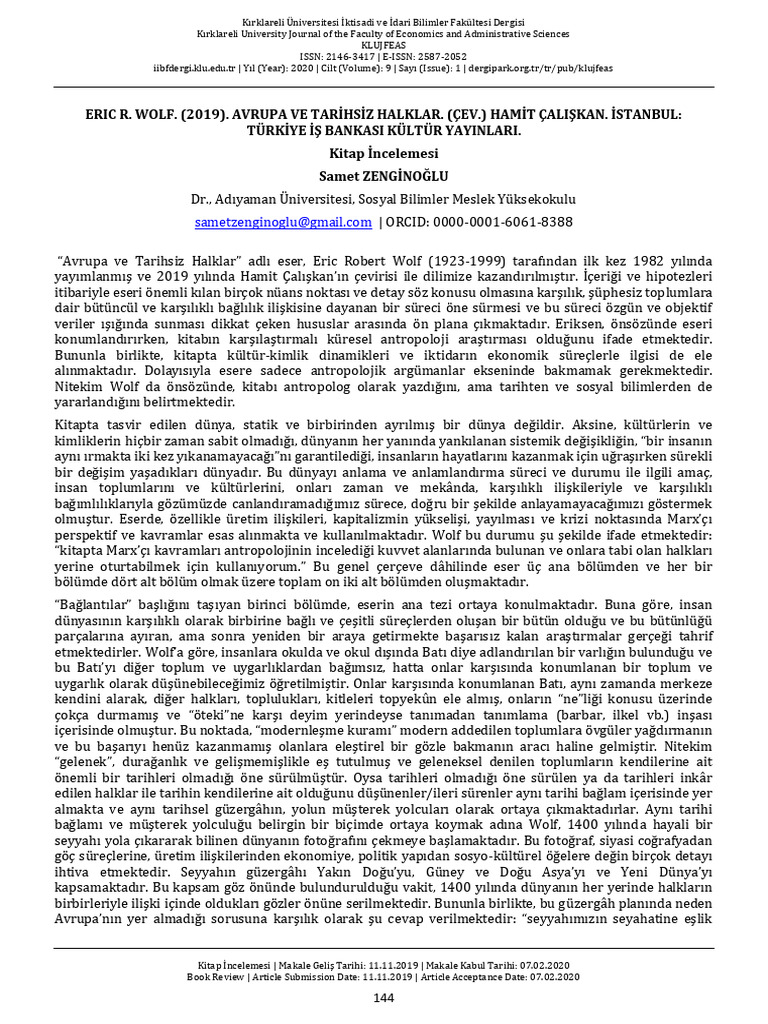Eric R Wolf 2019 Avrupa Ve Tarihsiz Halk | PDF