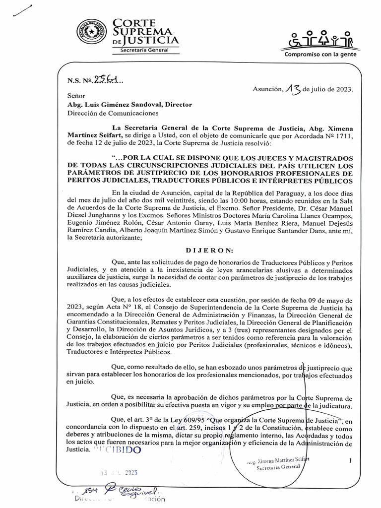 Acordada CSJ 1711 Que Establece Parámetros para Justipreciación de Honorarios de Peritos ...