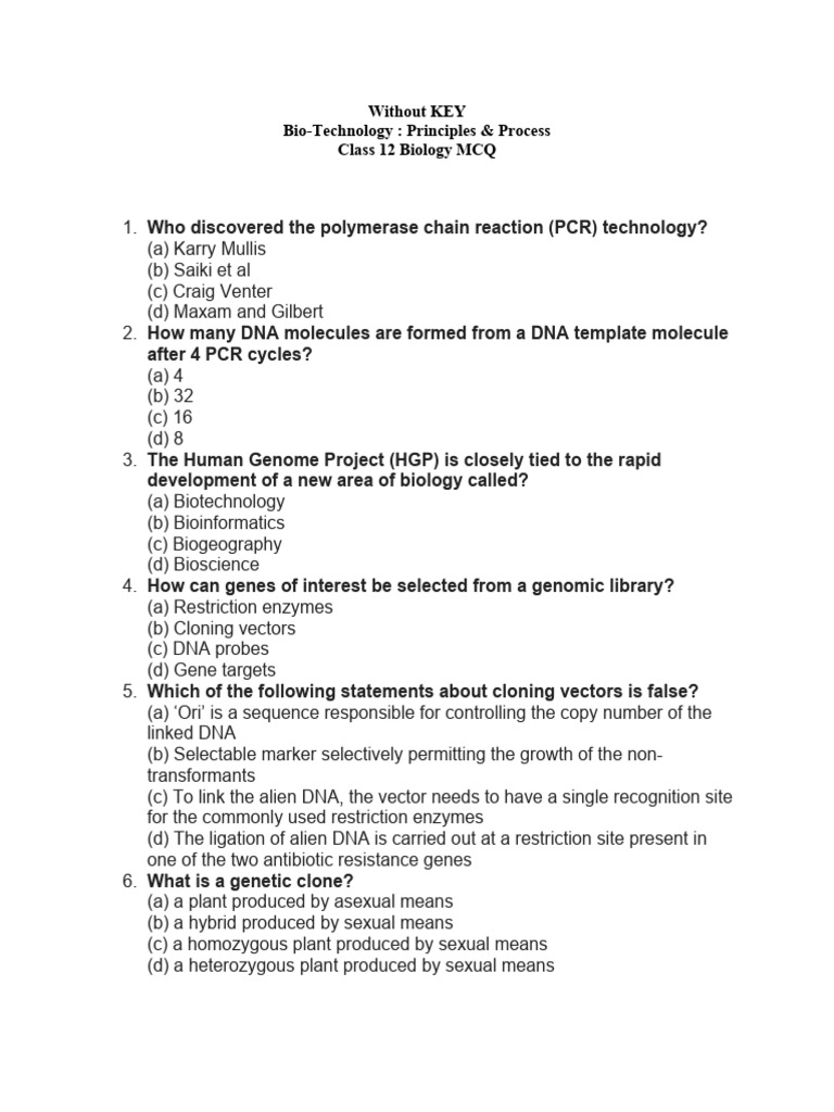 12 Biotechnology Principles Processes MCQ | PDF