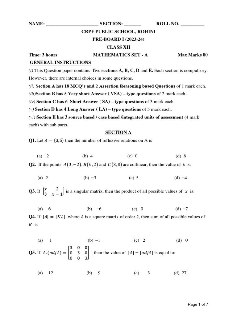 Class Xii Mathematics Pre-Board-1 2023-24 (CRPF School, Delhi) | PDF | Seed | Geometry