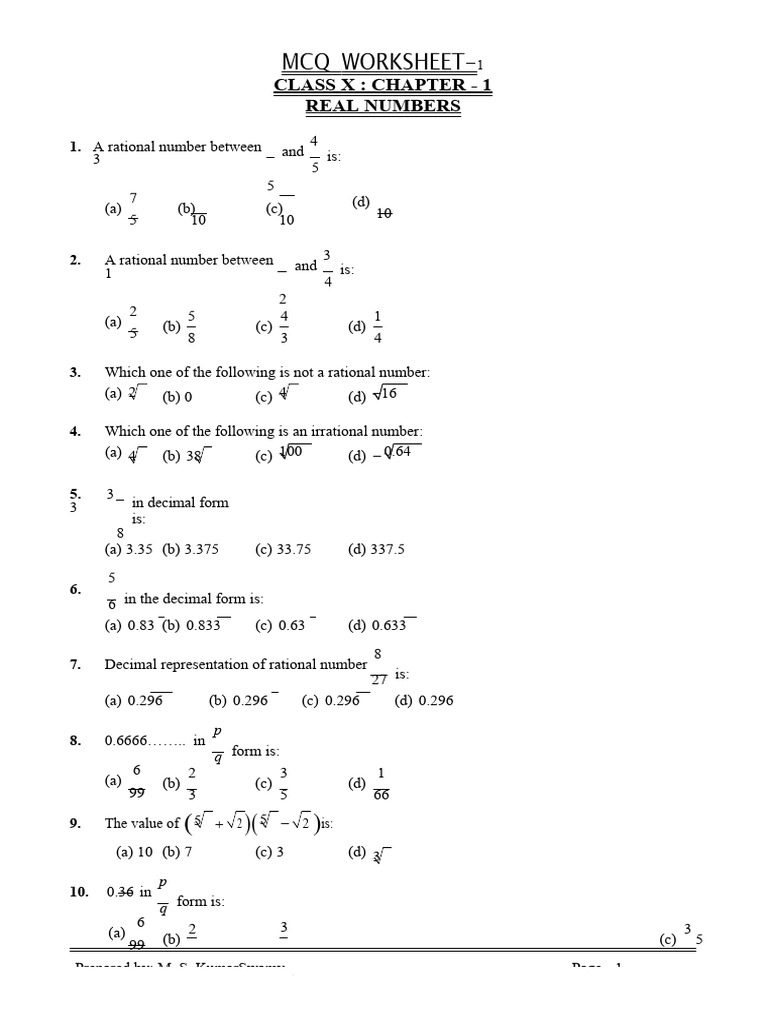 MCQ Worksheet on Real Numbers for Class X | PDF