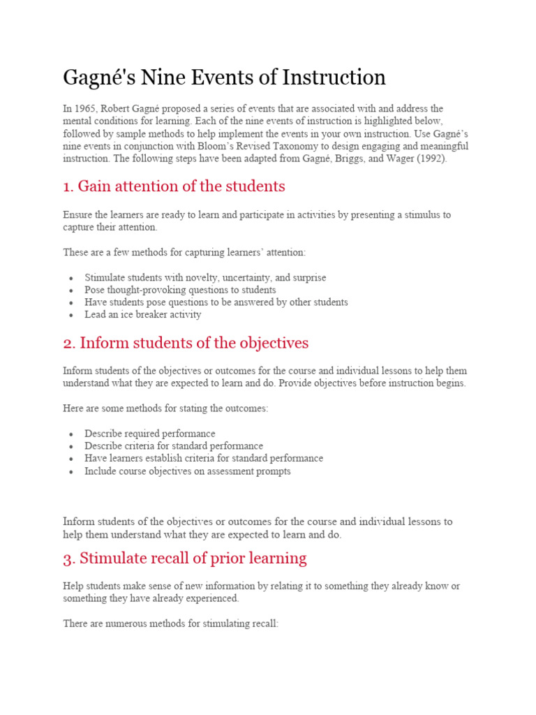 Gagné's Nine Instructional Events | PDF | Learning | Educational Assessment