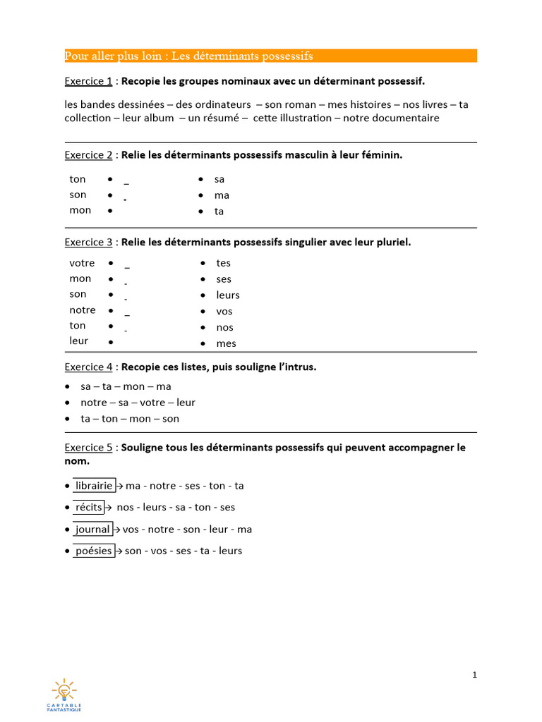 Les Déterminants Possessifs Et Démonstratifs Pour La Classe | PDF ...