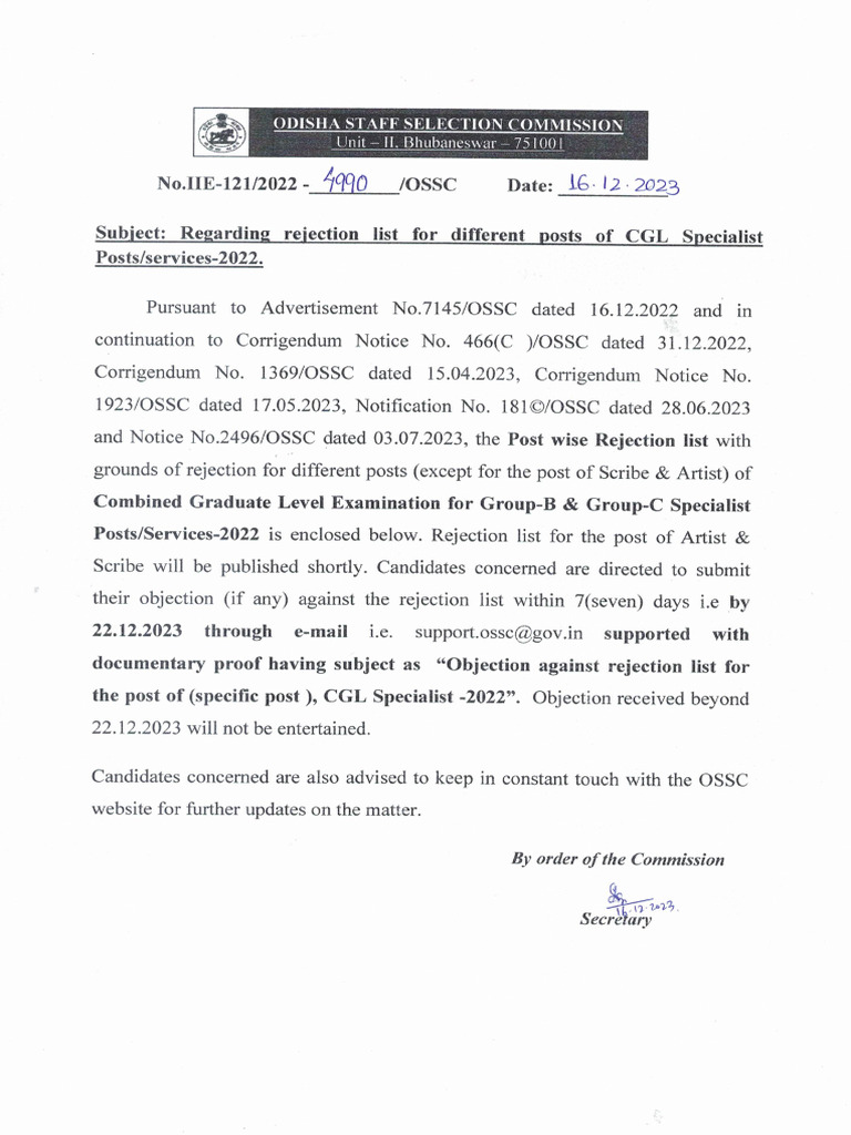 CGL Specialist Notice With Reject List For Mains | PDF