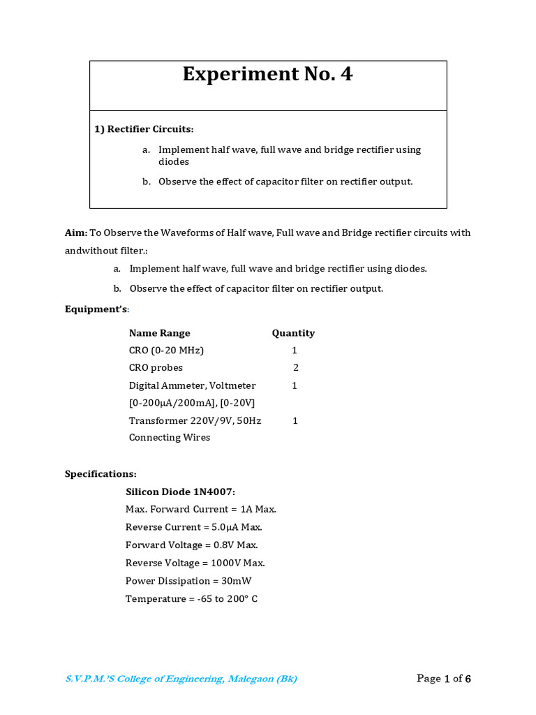 BXE Experiment No.4 | PDF | Rectifier | Diode